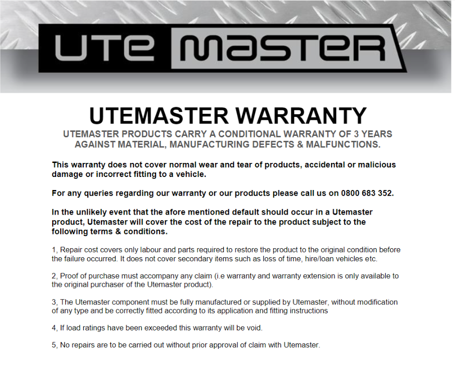 Utemaster Warranty Terms